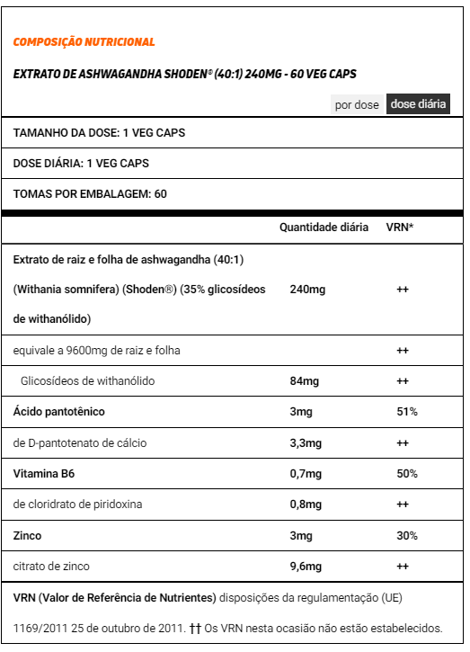EXTRATO DE ASHWAGANDHA Shoden® (40:1) 240mg – 60 VEG CAPS